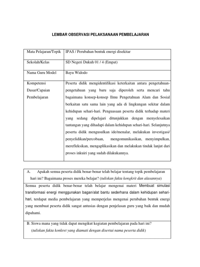 BAYU WIDODO - Lembar Observasi Pelaksanaan Pembelajaran Siklus 2 | PDF