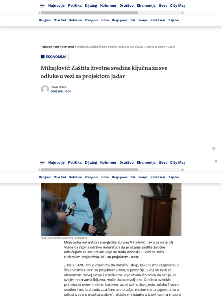 Mihajlović - Zaštita Životne Sredine Ključna Za Sve Odluke U Vezi Sa Projektom Jadar - Ekonomija ...