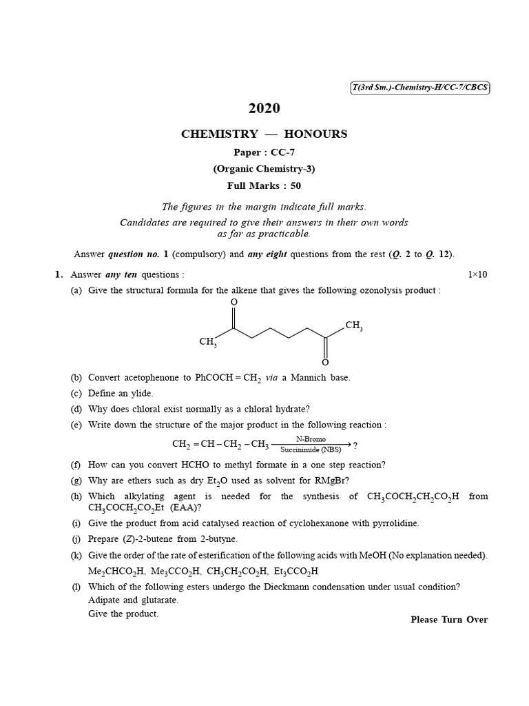 CU-2020 B.Sc. (Honours) Chemistry Semester-III Paper-CC-7 QP | PDF | Ester | Methyl Group
