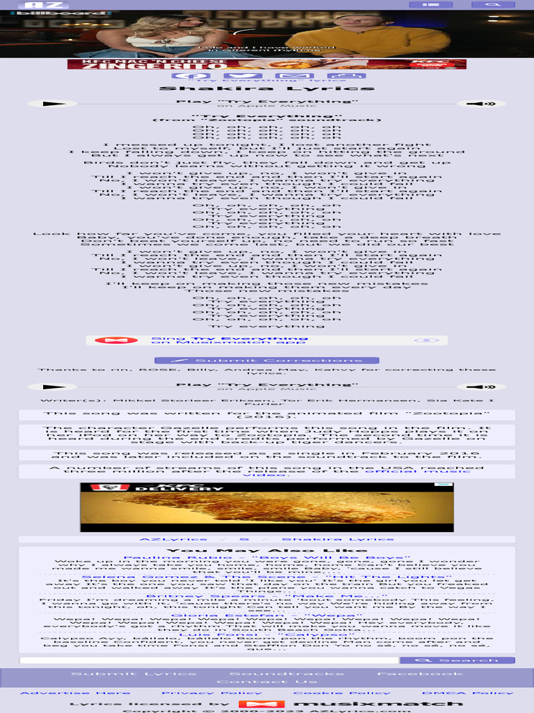 Shakira - Try Everything Lyrics | PDF | Pop Music | Songs