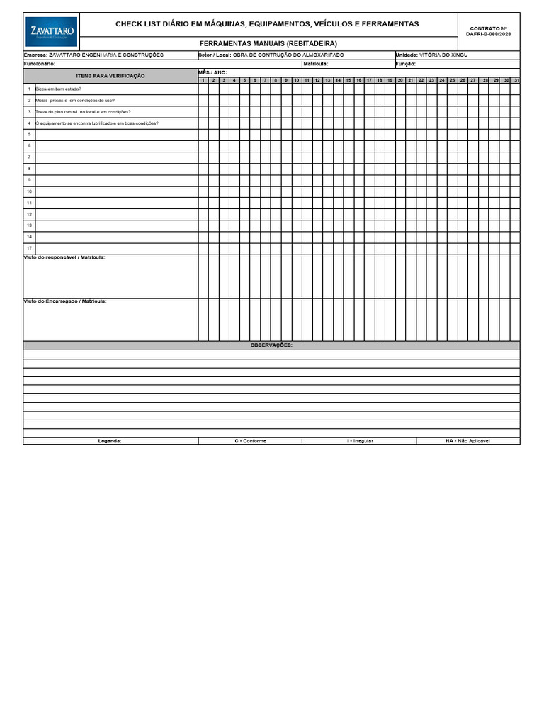 Check List Diário - Rebitadeira | PDF
