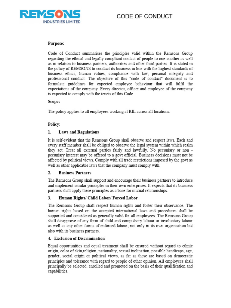 Remsons Code of Conduct | PDF | Employment | Board Of Directors Remsons Code of Conduct | PDF | Employment | Board Of Directors