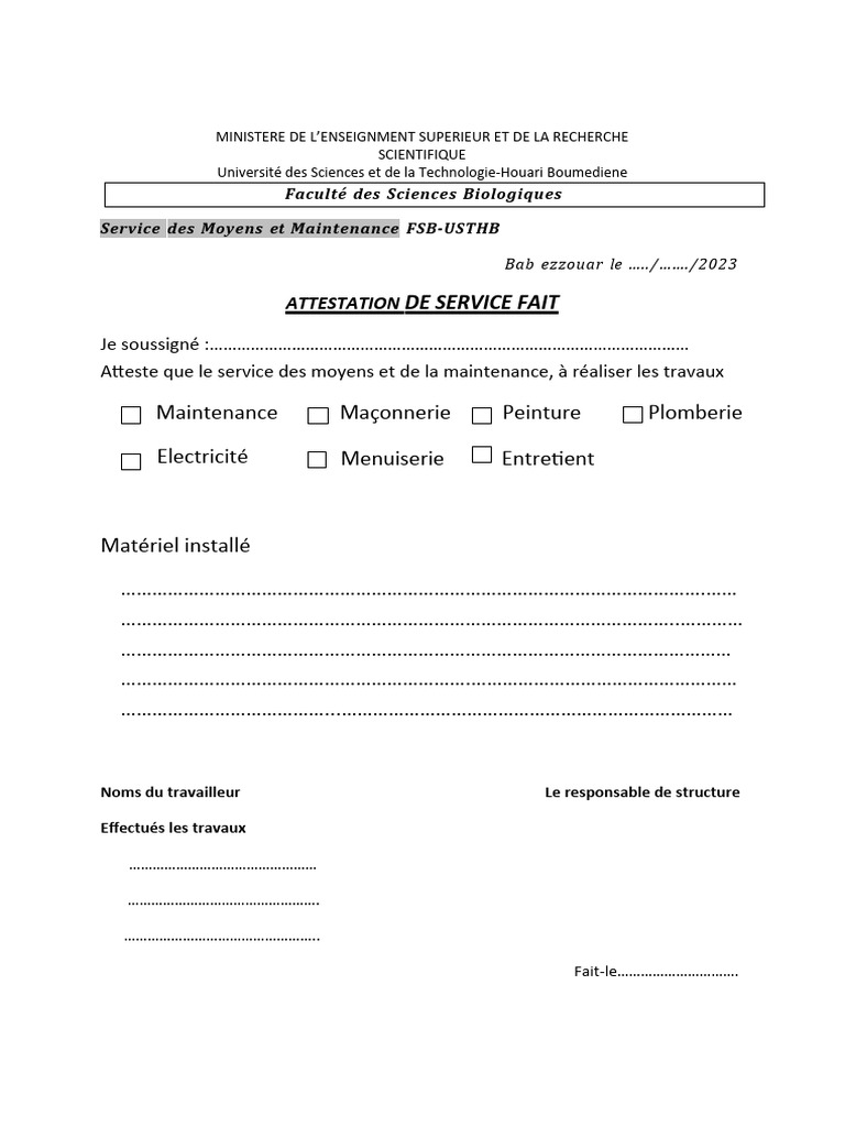 Attestation de Service Fait USTHB | PDF | Sciences et mathématiques ...