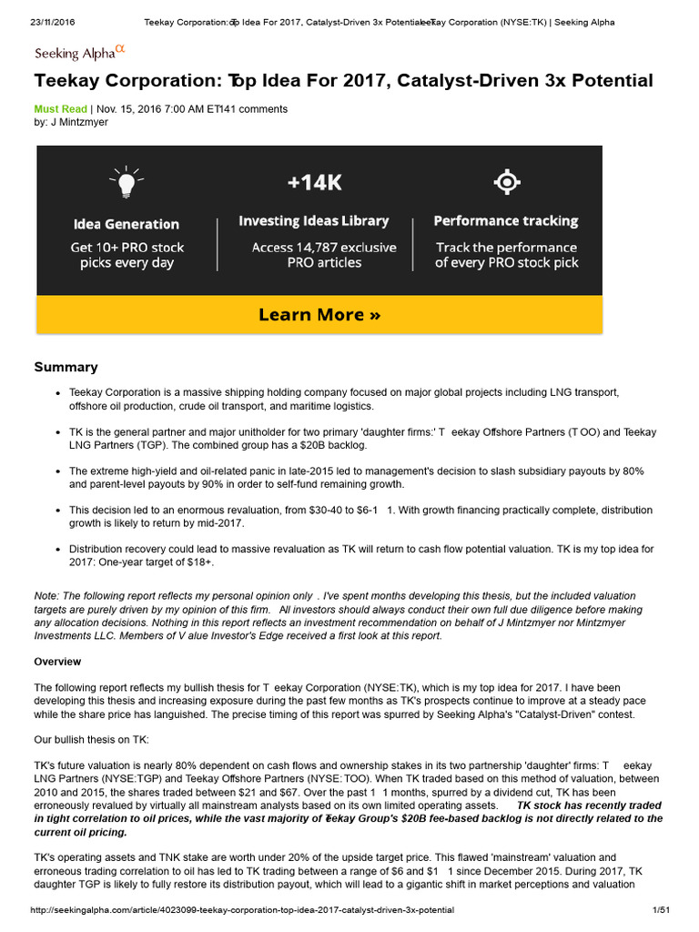 Teekay Corporation - Top Idea For 2017, Catalyst-Driven 3x Potential ...