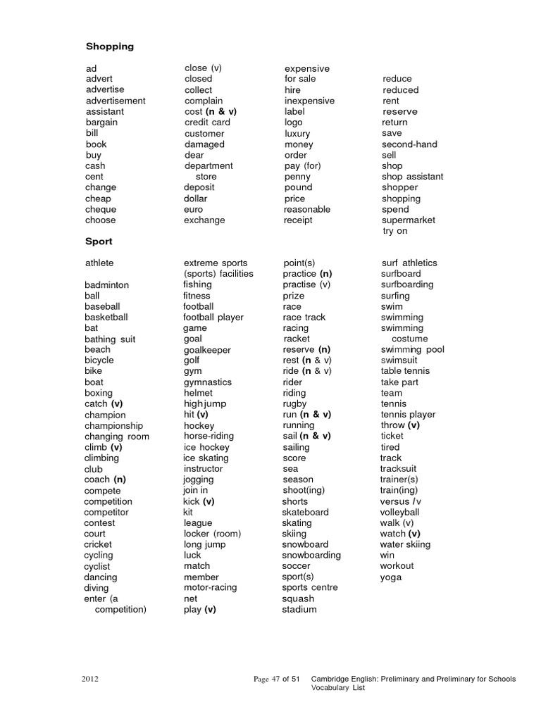 Cambridge English Preliminary Vocabulary List | PDF | Sports ...