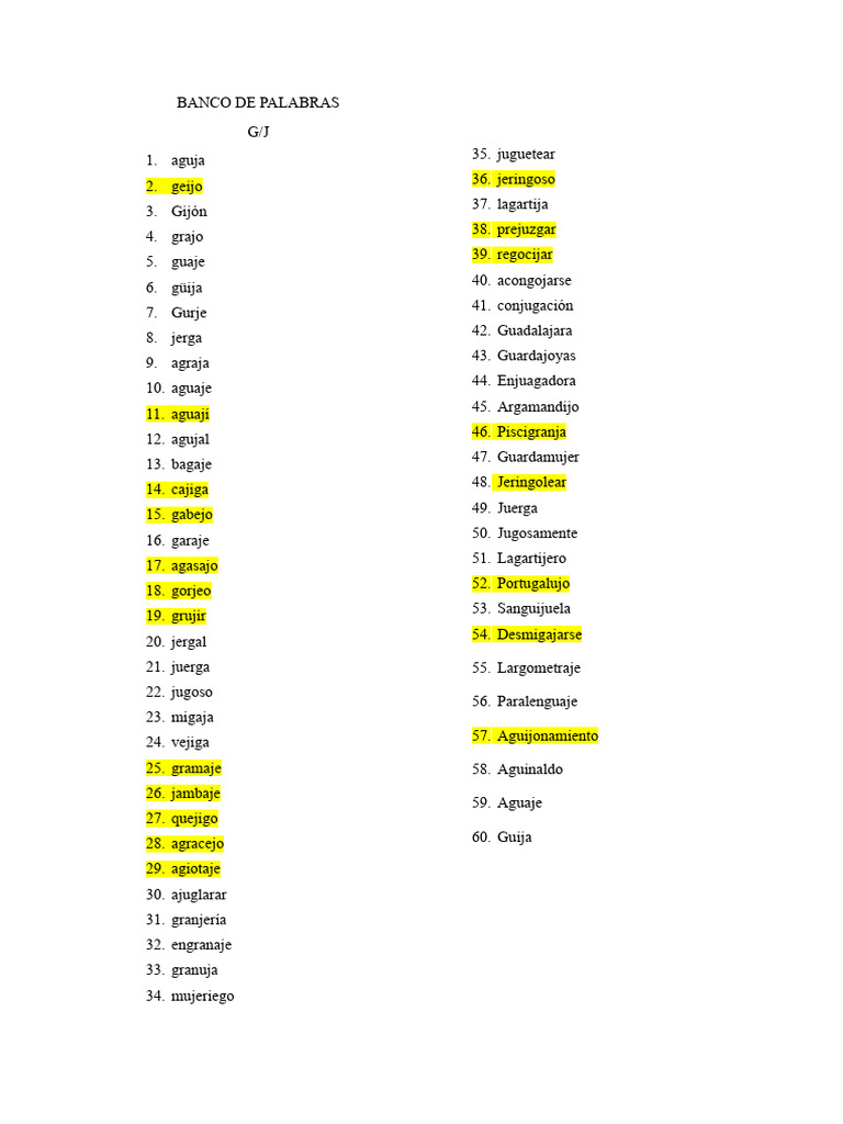 Banco de Palabras G-J | PDF