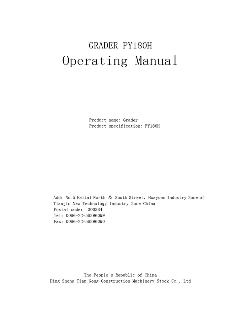 Operating Manual: Grader Py180H | PDF | Axle | Pump