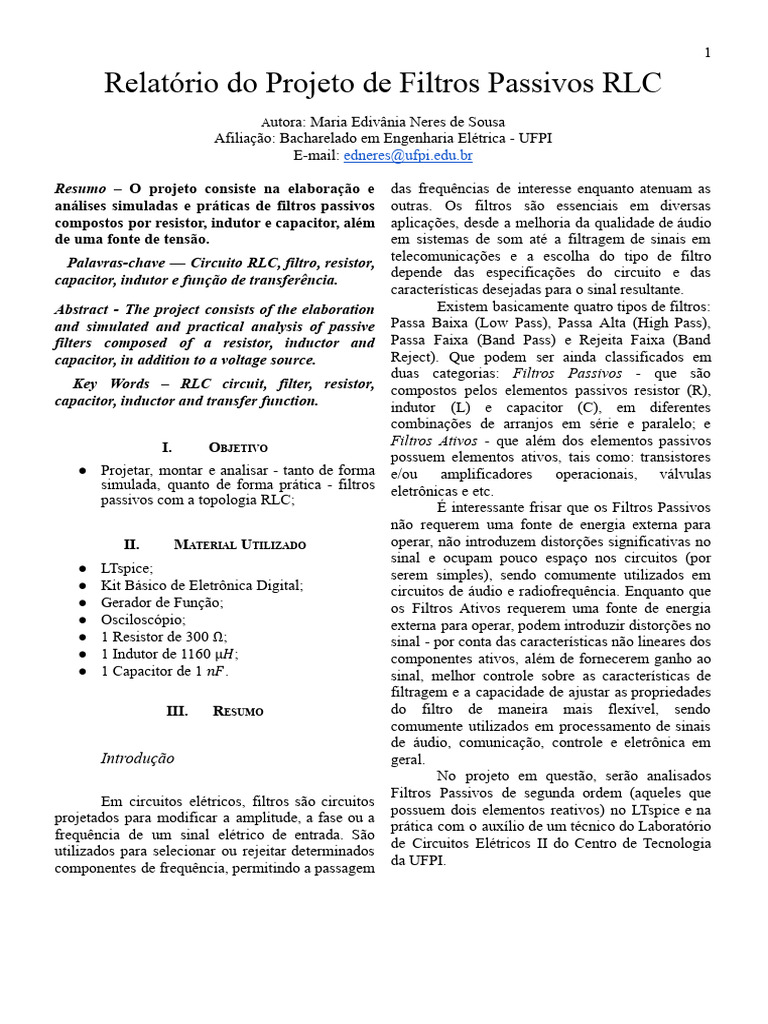 Relatório Projeto de Filtros (C2) | PDF | Filtro passa-baixa | Rede ...