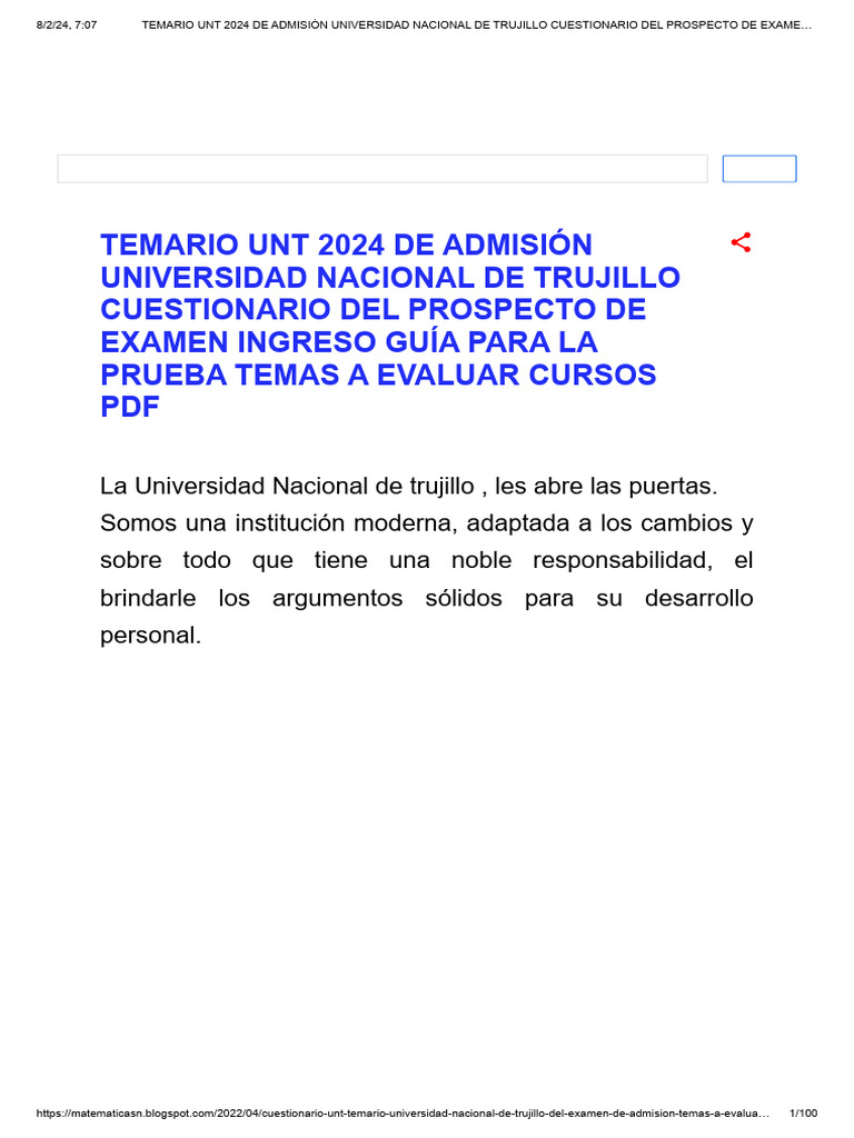 Temario Unt 2024 de Admisión Universidad Nacional de Trujillo Cuestionario Del Prospecto de ...