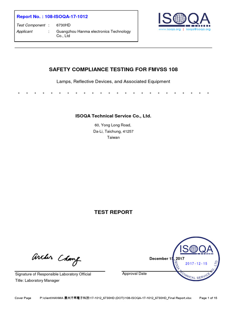 FMVSS 108 Compliance Test Report | PDF | Headlamp | Lighting