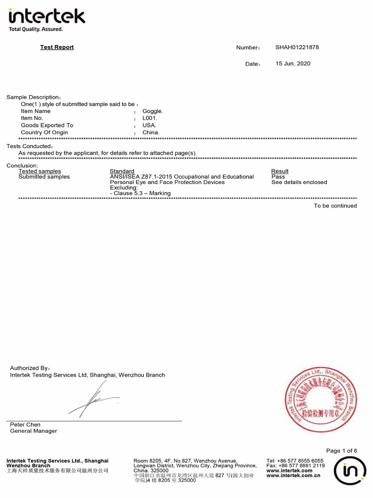 JTL-100C - Test Report #SHAH01221878 As Per ANSI Z87.1-2015 (L001 ...