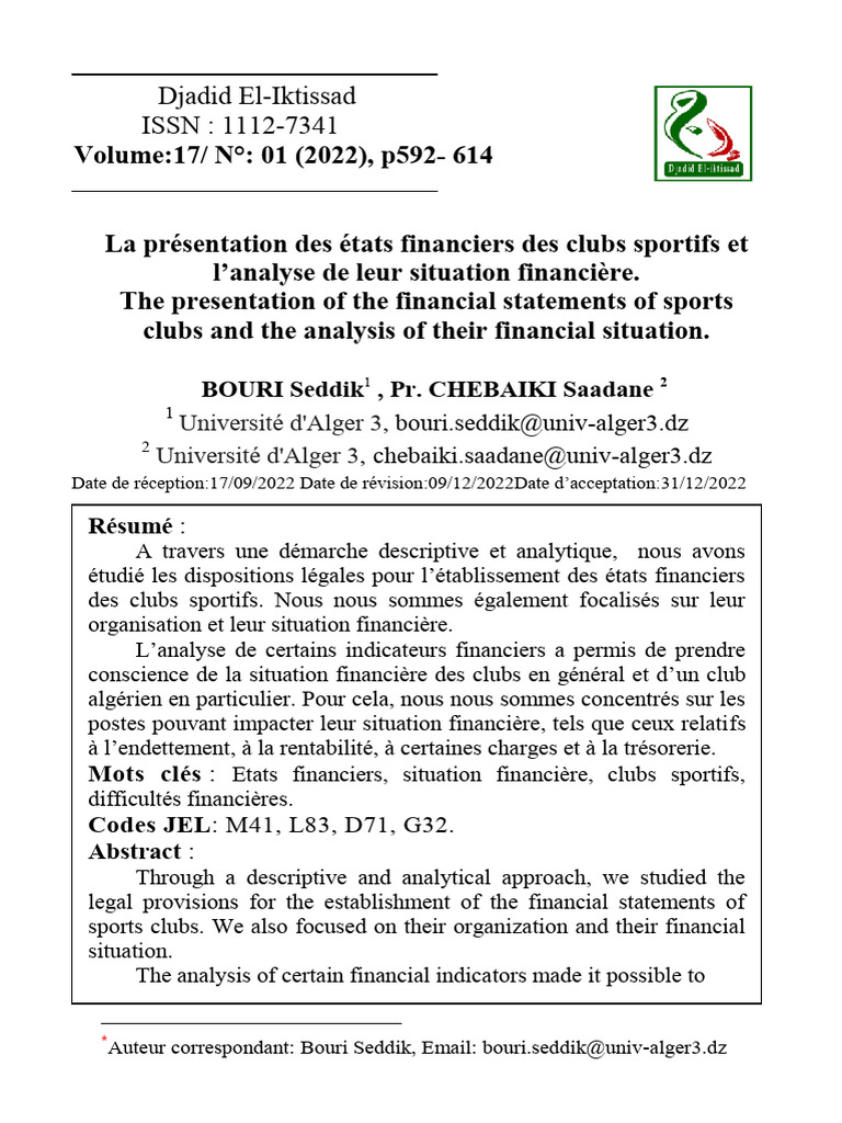 La Présentation Des États Financiers Des Clubs Sportifs Et L'analyse de ...