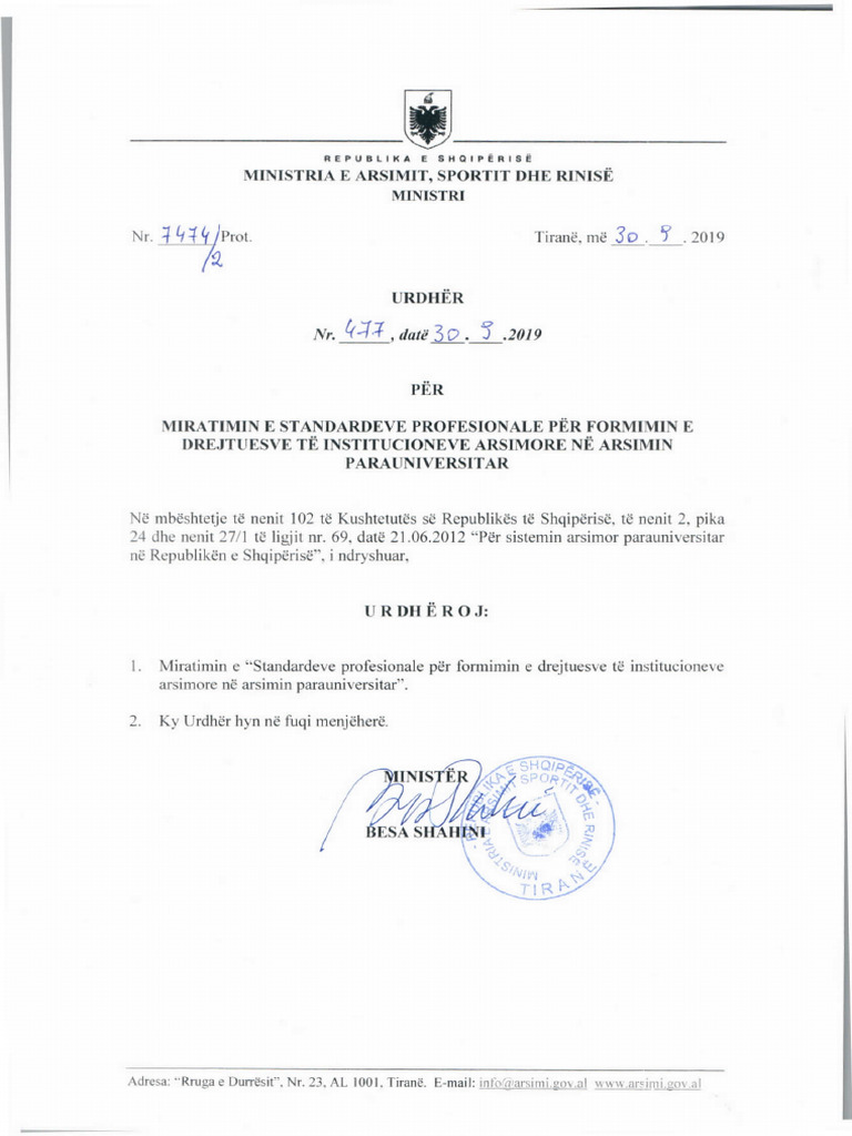 Urdher 477 DT 30.9.2019 Standartet Profesionale Per Formimin e ...