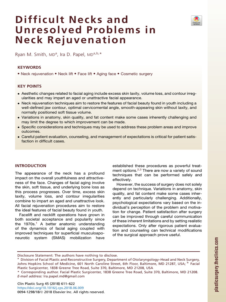 Difficult Necks and Unresolved Problems in Neck Rejuvenation | PDF
