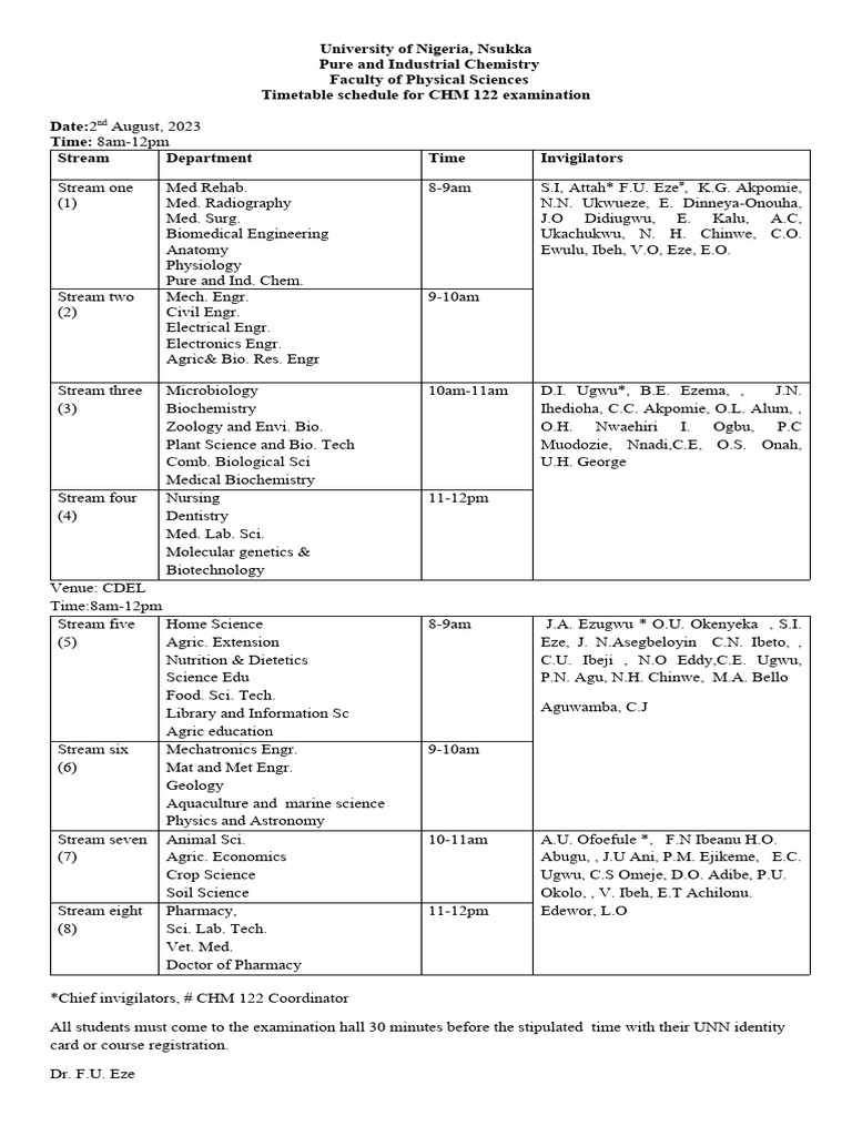 CHM 122 2023 Exam Time Table | PDF | Biotechnology | Physical Sciences