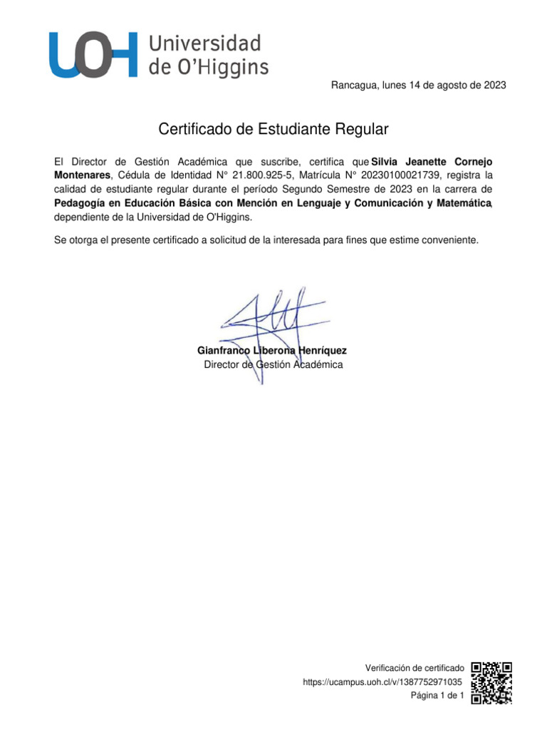 Certificado de Estudiante Regular | PDF