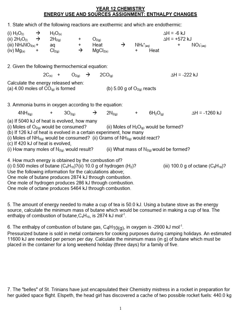 2010 Enthalpy Worksheet | PDF | Combustion | Propane