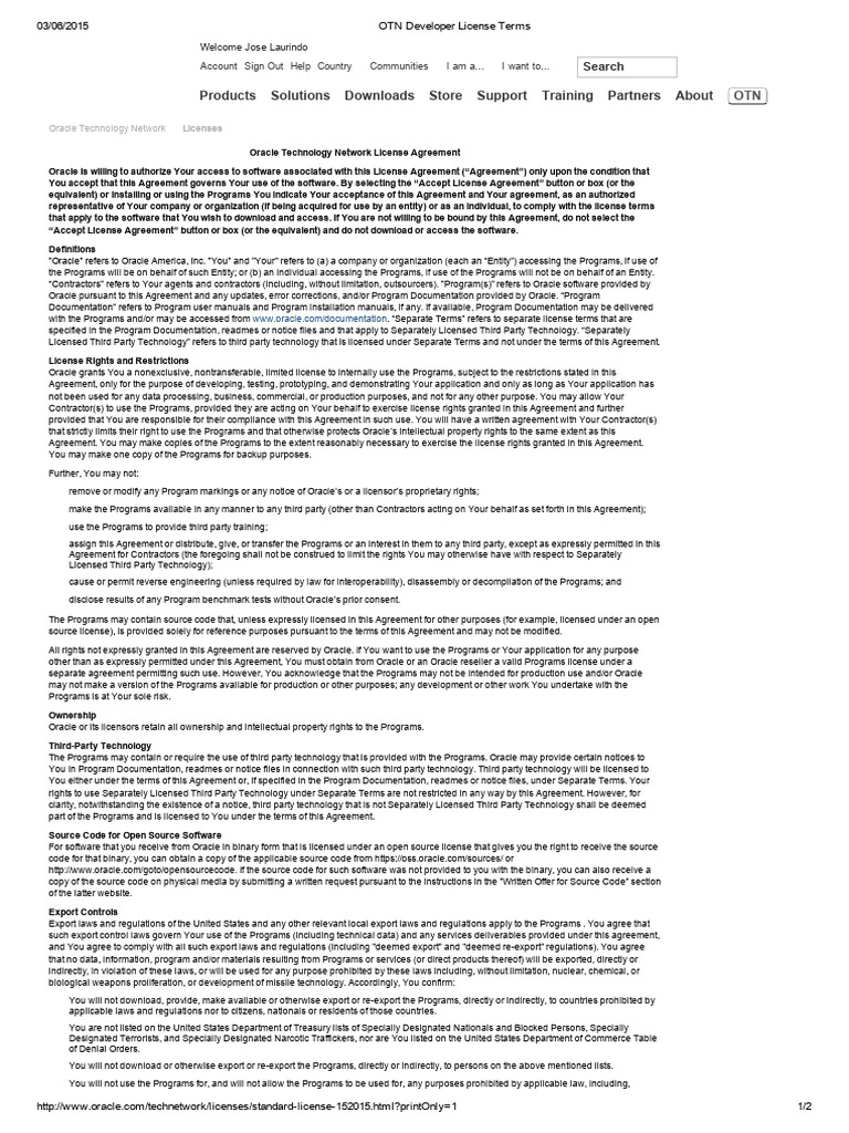 Oracle OTN Developer License Terms | PDF | License | Source Code