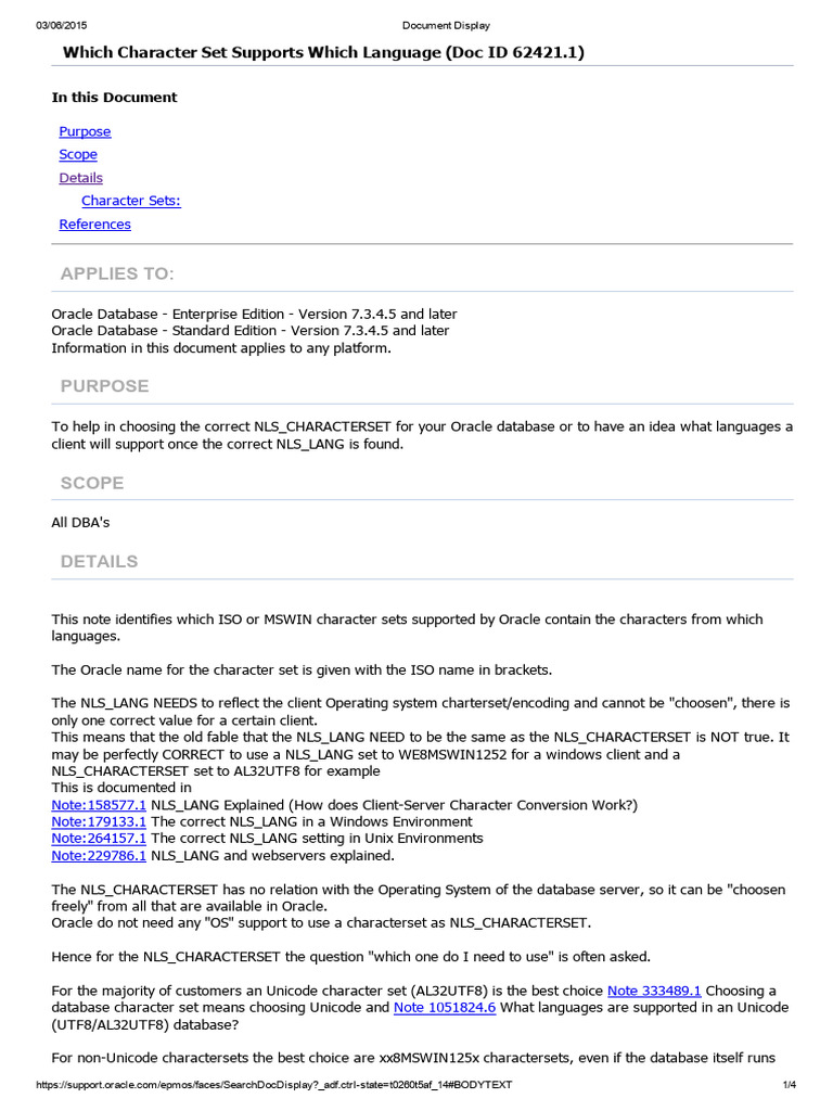 Oracle Note Which Character Set Supports Wich Language Pdf Character Encoding Oracle Database