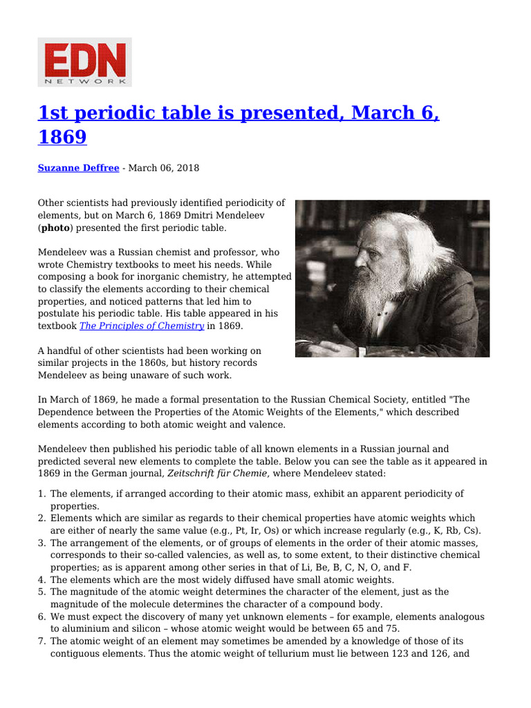 Mendeleev's First Periodic Table, 1869 | PDF | Periodic Table ...