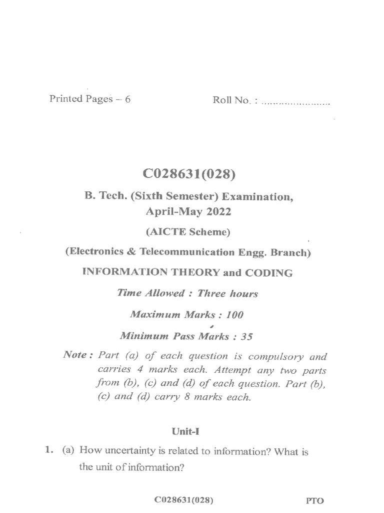 Btech Ete 6 Sem Information Theory and Coding c028631 May 2022 | PDF Btech Ete 6 Sem Information Theory and Coding c028631 May 2022 | PDF
