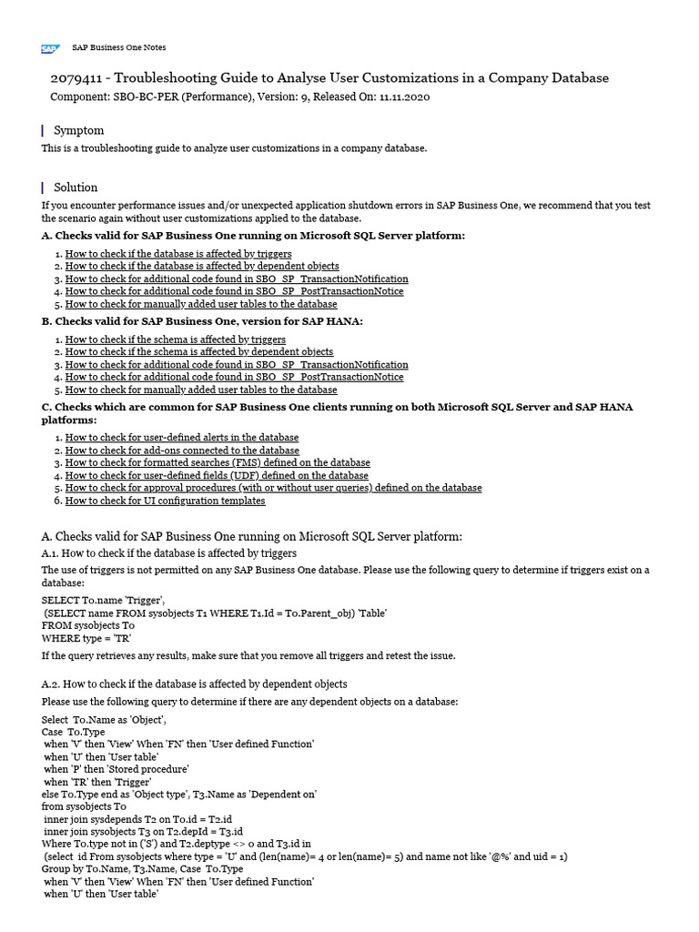 SAP Note 2079411 - Troubleshooting Guide To Analyse User Customizations in A Company Database ...