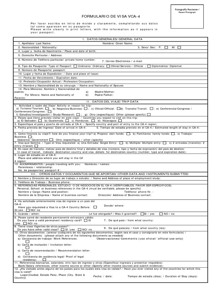 Formulario de Solicitud Visa VCA-4 | PDF | Visa de viaje | Transporte