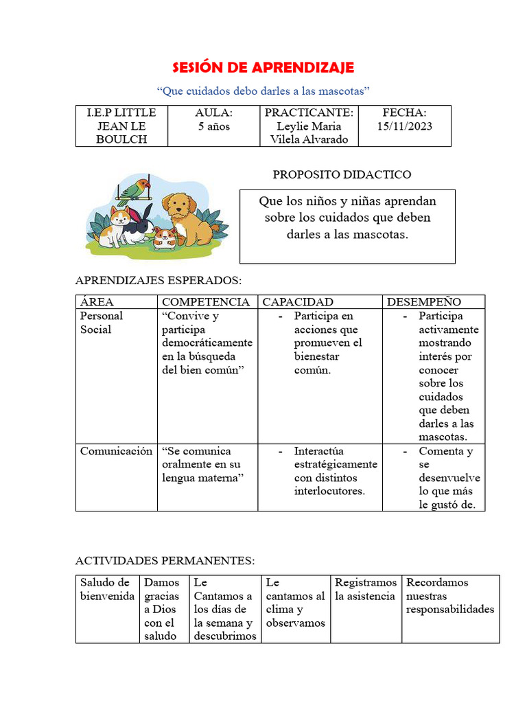 Sesión de Aprendizaje Cuidado de Los Animales | PDF | Aprendizaje | Mascota