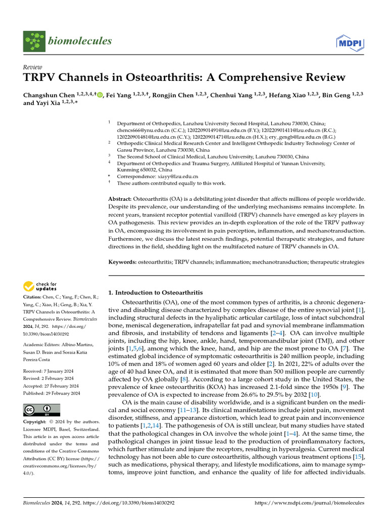 Biomolecules: TRPV Channels in Osteoarthritis: A Comprehensive Review ...