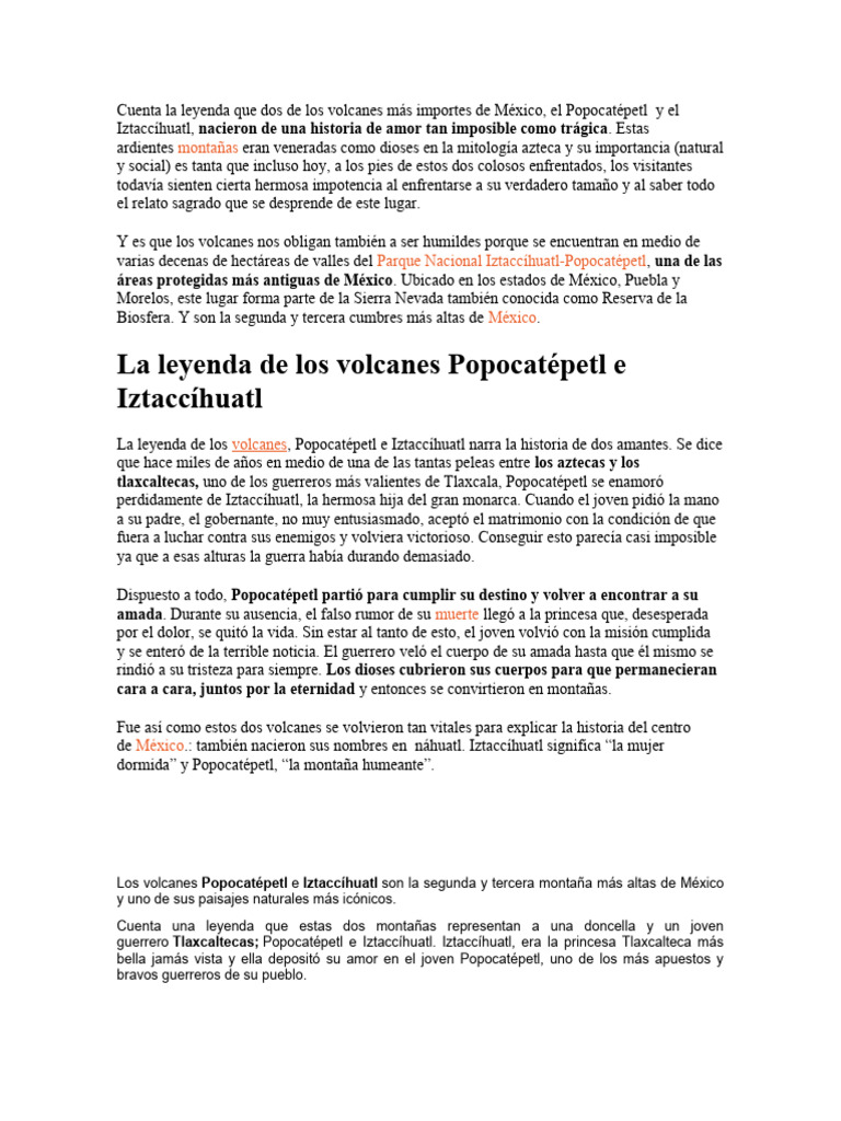 La Leyenda de Los Volcanes Popocatépetl e Iztaccíhuatl: Montañas | PDF