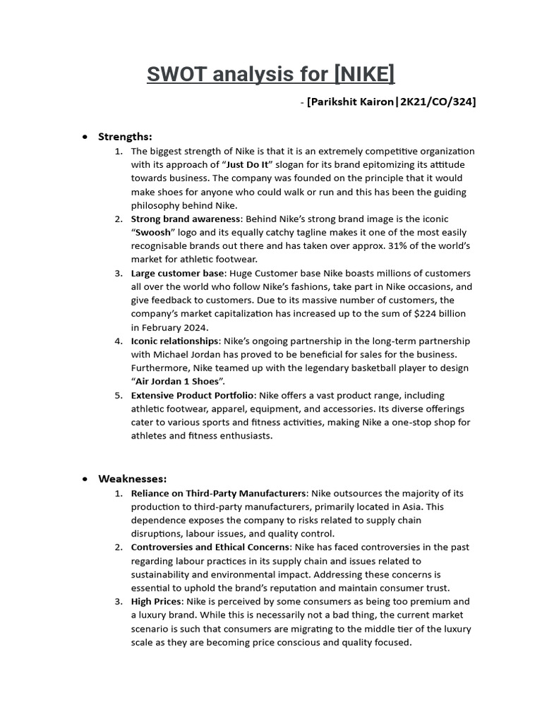 SWOT Analysis For Nike PK | PDF | Nike | Brand