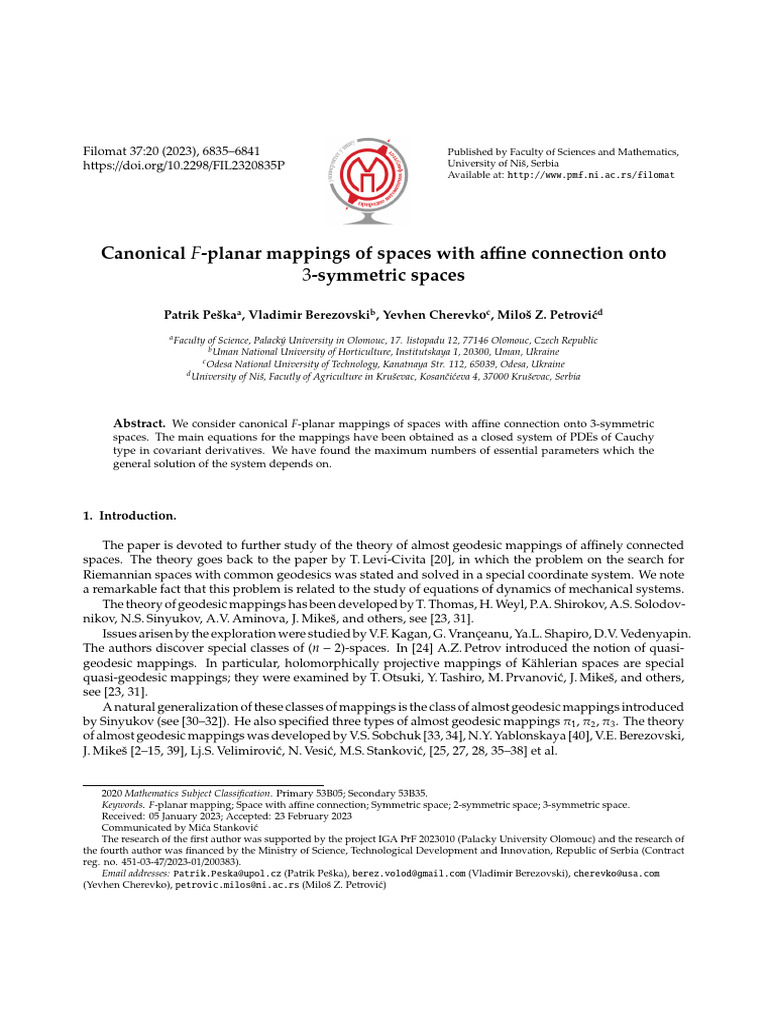 Canonical F-Planar Mappings of Spaces With Affine Connection Onto 3-Symmetric Spaces | PDF