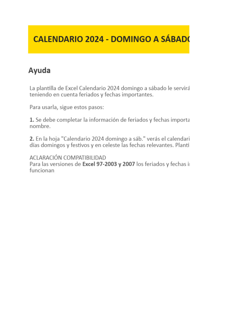 Calendario 2024 Domingo A Sabado en Excel | PDF | Calendario