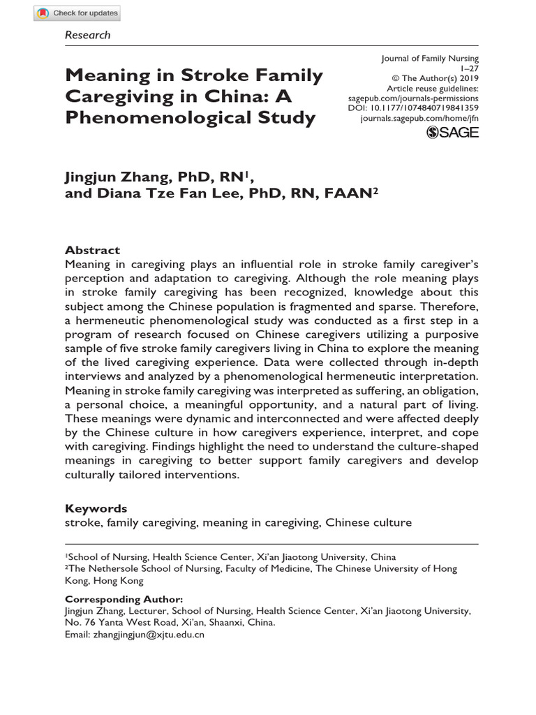 Meaning in Stroke Family Caregiving in China: A Phenomenological Study ...