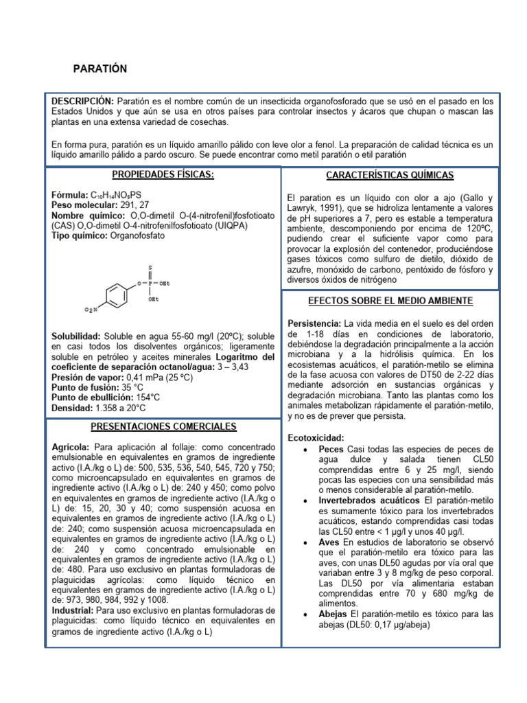 Paratión: Uso, Propiedades y Riesgos | PDF | Solubilidad | Agua