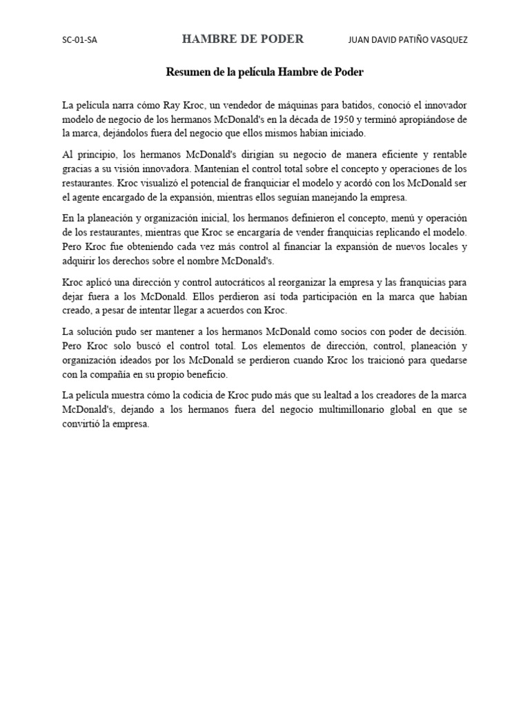Resumen de La Película Hambre de Poder | PDF