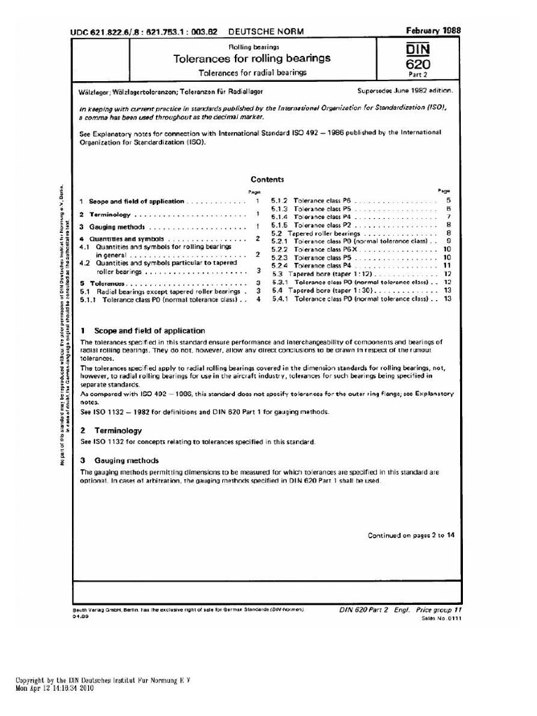 DIN 620-2 - Rolling Bearings - Tolerances For Radial Bearings (FEB 1988) | PDF