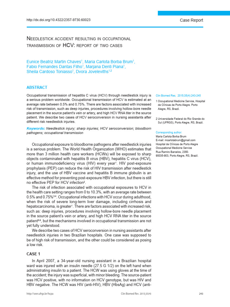 Needlestick Accident Resulting in Occupational Transmission Fo HCV | PDF