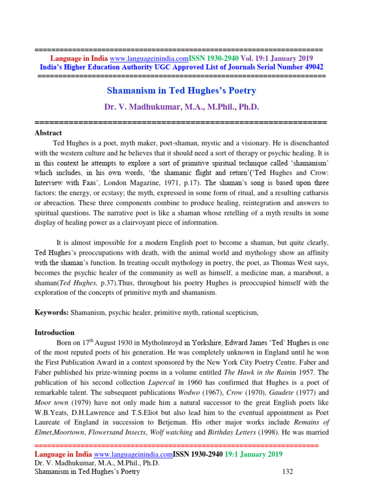 Shamanism in Ted Hughes's Poetry: Dr. V. Madhukumar, M.A., M.Phil., PH.D | PDF | Shamanism