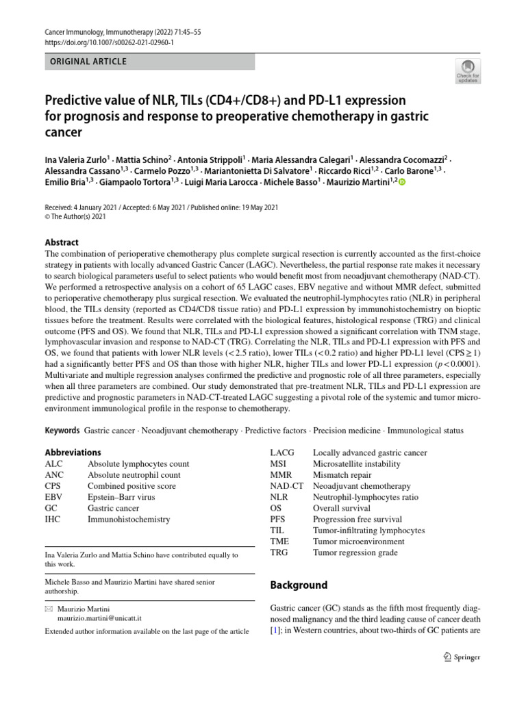 Predictive Value of NLR, Tils (Cd4+/Cd8+) and PD L1 Expression For Prognosis and Response To ...