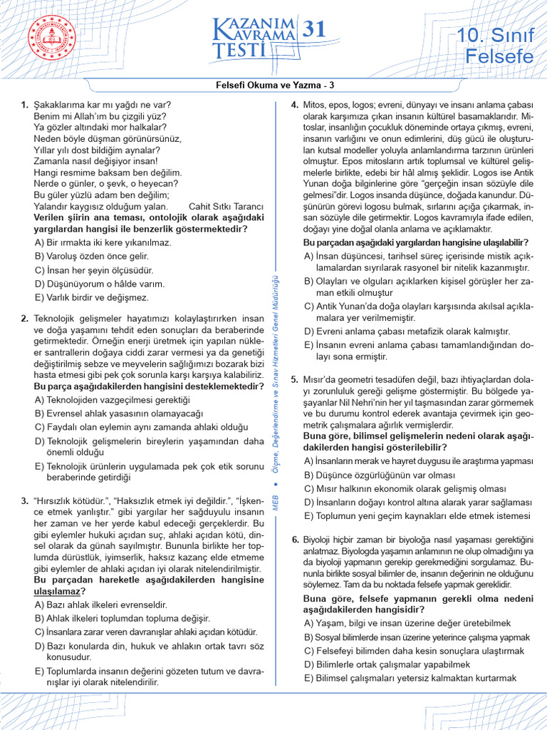 Sınıf Felsefe Felsefe: Felsefi Okuma Ve Yazma - 3 | PDF