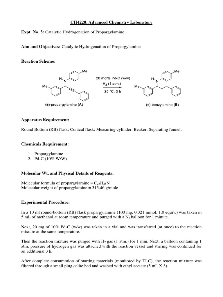 Experimental Procedure - Hydrogenation of Propargylation | PDF | Thin ...