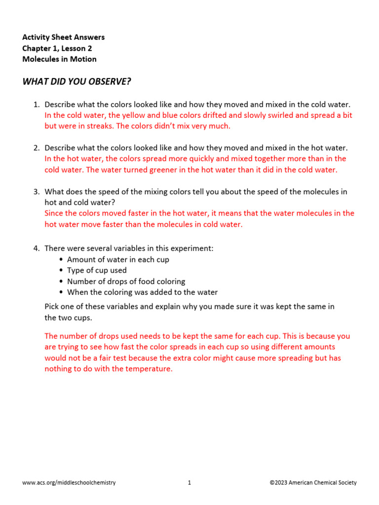 ch1 l2 Activity Sheet Answers | PDF | Water | Molecules
