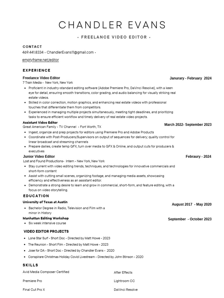 Chandler Evans VideoEditor Resume | PDF | Editing | Computing