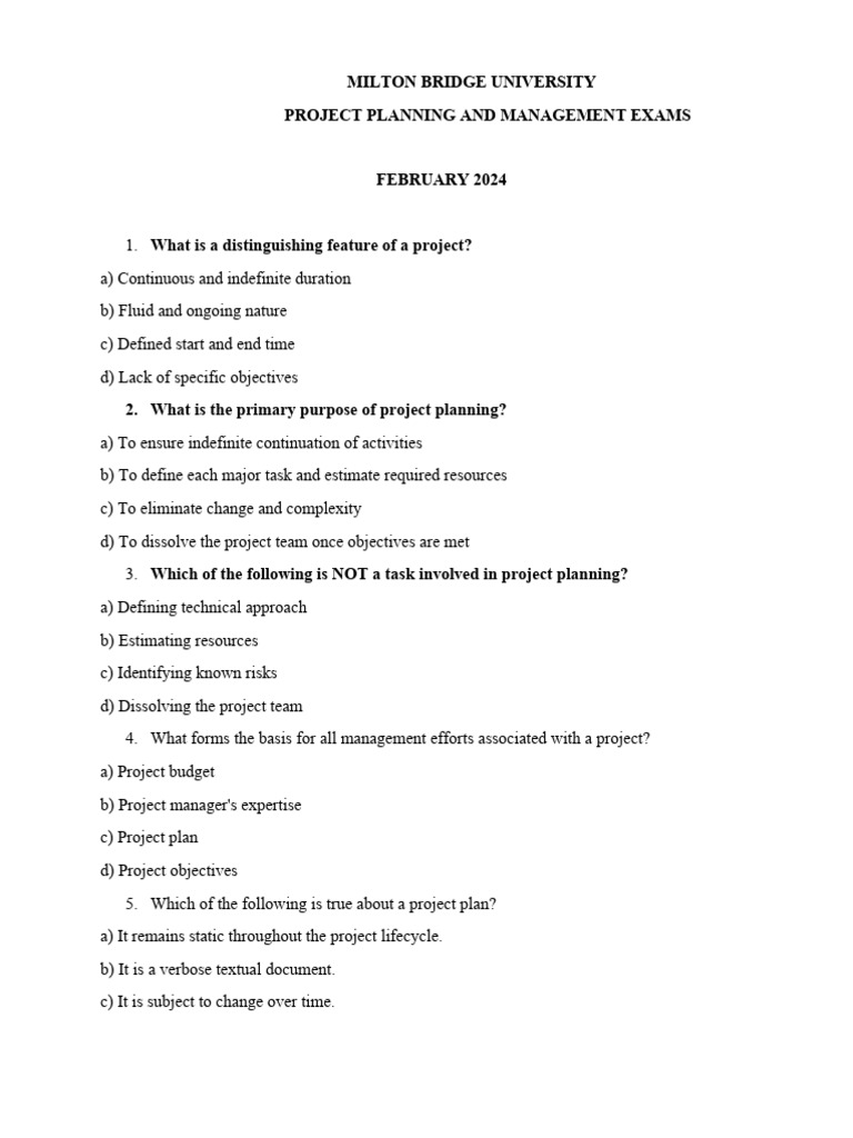 PROJECT PLANNING eXAMS 2024 | PDF | Project Management | Business