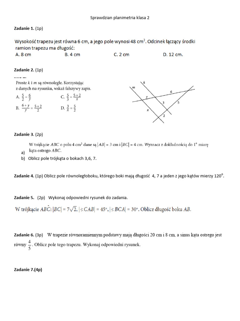 Sprawdzian Planimetria Klasa 2 | PDF