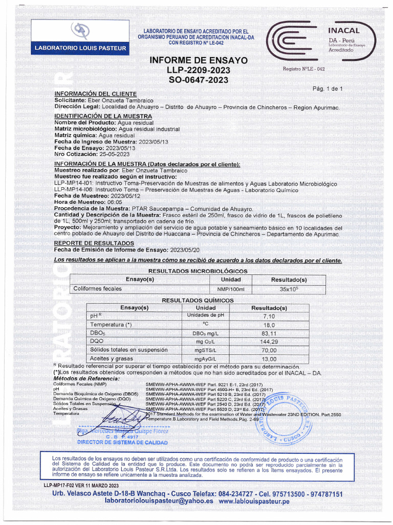 Resultado de Analisis de Aguas Residuales | PDF | Administracion del Agua | Ciencia medioambiental