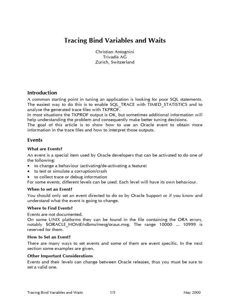 Tracing Bind Variables and Waits 20000507 | PDF | Sql | Variable ...