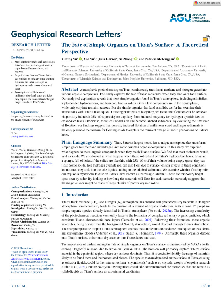 Geophysical Research Letters - 2024 - Yu - The Fate of Simple Organics ...