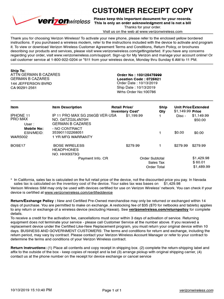 Verizon Bill | PDF | Receipt | Business